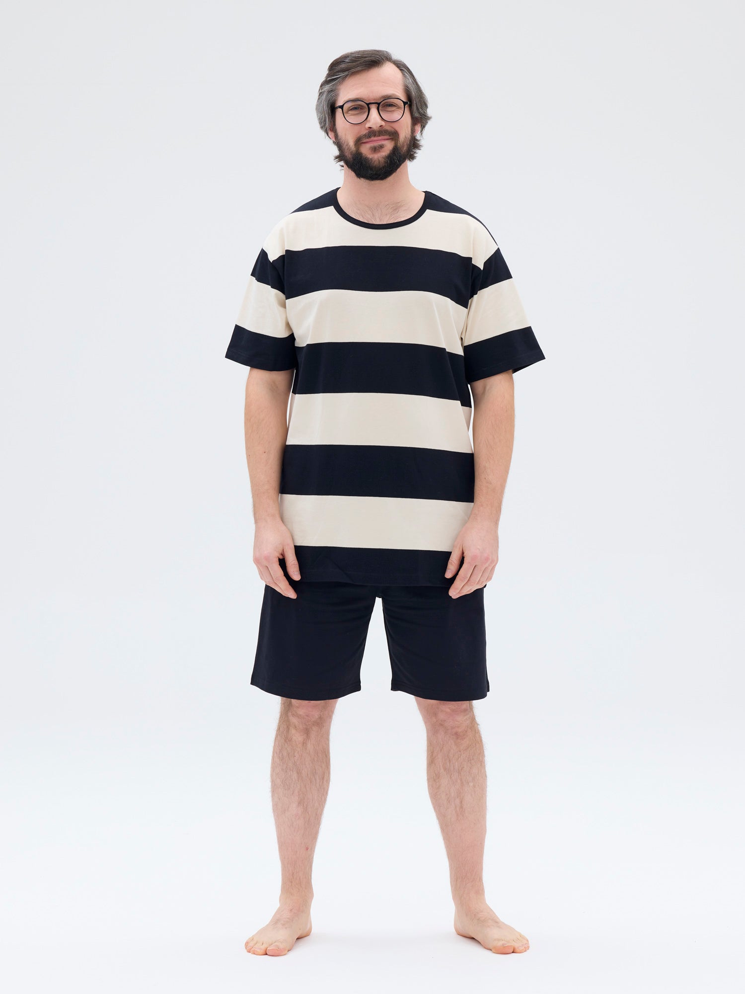 Short Pyjamas Wide Stripe, Black/Beige – Ratia
